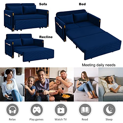 IQIAite Modern Convertible Sofa Bed with2 Detachable Arm Pockets, Blue Velvet Material, Multi-Position Adjustable with Pull-Out Bed and BedHead,2 Pillows, Ideal for Living Room