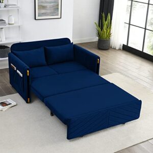 IQIAite Modern Convertible Sofa Bed with2 Detachable Arm Pockets, Blue Velvet Material, Multi-Position Adjustable with Pull-Out Bed and BedHead,2 Pillows, Ideal for Living Room