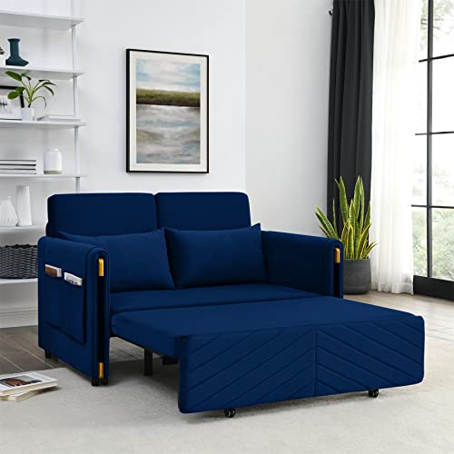 IQIAite Modern Convertible Sofa Bed with2 Detachable Arm Pockets, Blue Velvet Material, Multi-Position Adjustable with Pull-Out Bed and BedHead,2 Pillows, Ideal for Living Room