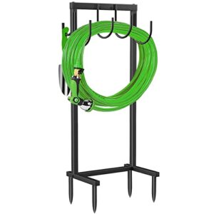 tomcare garden hose holder water hose holder with 4 spikes freestanding garden hose stand hose storage sturdy hose hanger hose reel heavy duty 6 hooks hose organizer hose holder for outside, black