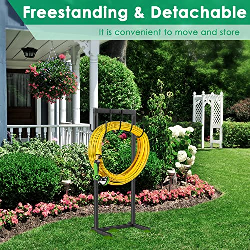 TomCare Garden Hose Holder Water Hose Holder with 4 Spikes Freestanding Garden Hose Stand Hose Storage Sturdy Hose Hanger Hose Reel Heavy Duty 6 Hooks Hose Organizer Hose Holder for Outside, Black