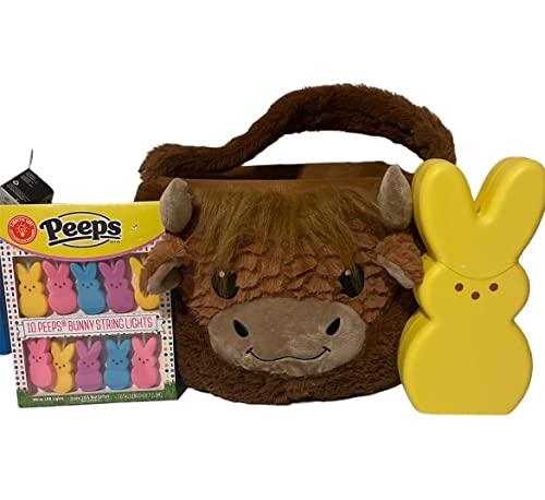 PEEPS STRING LED LIGHTS AND CANDLE PEEP LED LIGHT AND A BROWN LONGHORN COW JUMBO EASTER BASKET AS SEEN ON TIK TOK