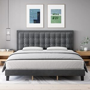 assile queen size upholstered bed frame, button tufted velvet platform bed with adjustable headboard, wood slats, noise-free design, no box spring needed in light grey