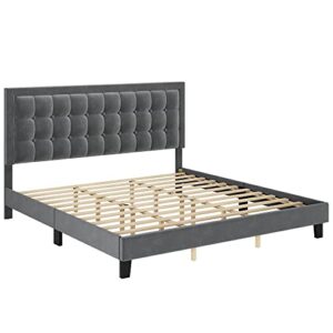 Assile Queen Size Upholstered Bed Frame, Button Tufted Velvet Platform Bed with Adjustable Headboard, Wood Slats, Noise-Free Design, No Box Spring Needed in Light Grey