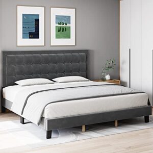 Assile Queen Size Upholstered Bed Frame, Button Tufted Velvet Platform Bed with Adjustable Headboard, Wood Slats, Noise-Free Design, No Box Spring Needed in Light Grey