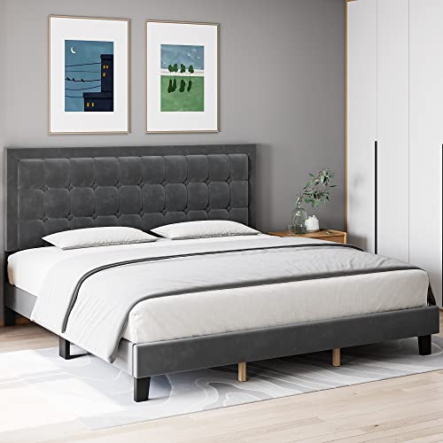 Assile Queen Size Upholstered Bed Frame, Button Tufted Velvet Platform Bed with Adjustable Headboard, Wood Slats, Noise-Free Design, No Box Spring Needed in Light Grey