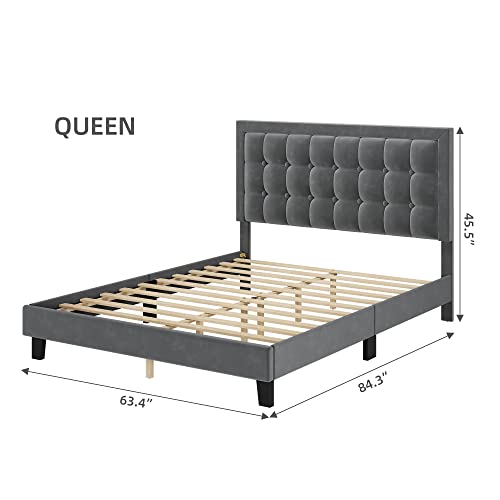 Assile Queen Size Upholstered Bed Frame, Button Tufted Velvet Platform Bed with Adjustable Headboard, Wood Slats, Noise-Free Design, No Box Spring Needed in Light Grey