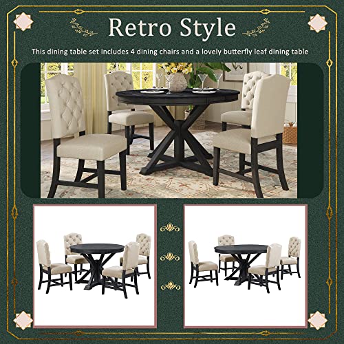 P PURLOVE Extendable Dining Table Set for 4 Persons, 5 Piece Round Dining Table Set with Extendable Dining Table and 4 Upholstered Dining Chairs for Kitchen Dining Room