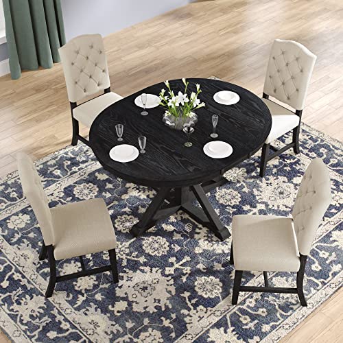 P PURLOVE Extendable Dining Table Set for 4 Persons, 5 Piece Round Dining Table Set with Extendable Dining Table and 4 Upholstered Dining Chairs for Kitchen Dining Room