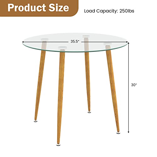 Giantex Round Glass Dining Table, 35.5" D x 30" H Kitchen Dinner Table w/Tempered Glass Tabletop & Metal Legs, Circle Leisure Coffee Table for Dining Room & Living Room, Clear & Natural