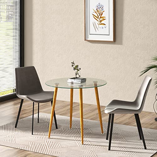 Giantex Round Glass Dining Table, 35.5" D x 30" H Kitchen Dinner Table w/Tempered Glass Tabletop & Metal Legs, Circle Leisure Coffee Table for Dining Room & Living Room, Clear & Natural