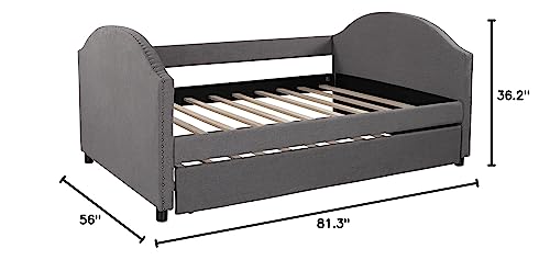 HSBD Full Size Daybed with Trundle, Modern Upholstered Day Bed Linen Fabric Sofa Daybed Frame with A Roll-Out Trundle, No Box Spring Needed, Furniture for Bedroom Living Room Guest Room