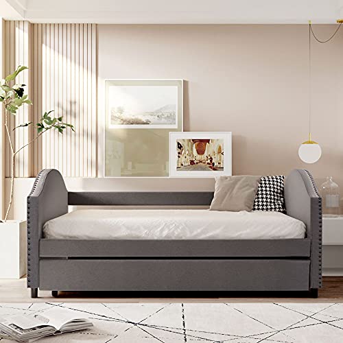 HSBD Full Size Daybed with Trundle, Modern Upholstered Day Bed Linen Fabric Sofa Daybed Frame with A Roll-Out Trundle, No Box Spring Needed, Furniture for Bedroom Living Room Guest Room