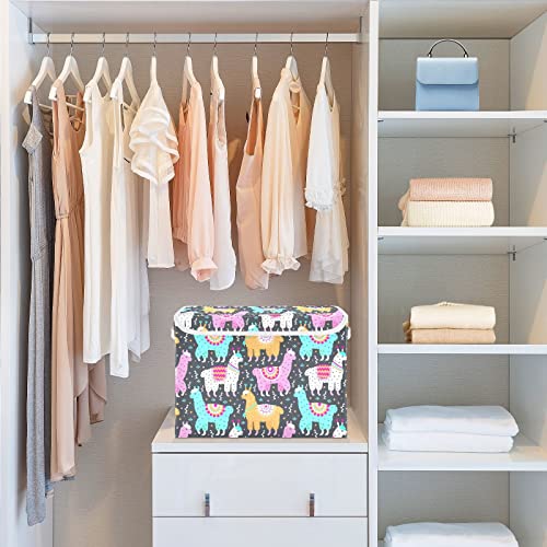 CaTaKu Cute Animals Llama Storage Bins with Lids Fabric Large Storage Container Cube Basket with Handle Decorative Storage Boxes for Organizing Clothes Shelves