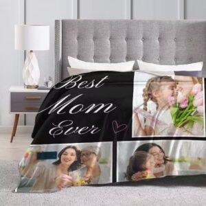 Best Mom Ever Custom Blanket,Personalised Photo Collage Mother Blankets Wife Birthday Gifts, Customized Gifts for Mom Grandma for Birthday Mother's Day Christmas,Custom Blanket with 5 Photos