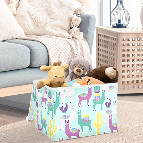 CaTaKu Llama Alpaca Green Storage Bins with Lids Fabric Large Storage Container Cube Basket with Handle Decorative Storage Boxes for Organizing Clothes Shelves