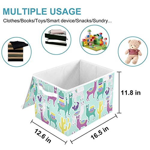 CaTaKu Llama Alpaca Green Storage Bins with Lids Fabric Large Storage Container Cube Basket with Handle Decorative Storage Boxes for Organizing Clothes Shelves