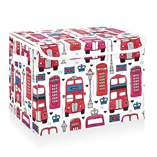 CaTaKu London Bus Cute Storage Bins with Lids Fabric Large Storage Container Cube Basket with Handle Decorative Storage Boxes for Organizing Clothes Shelves