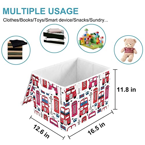 CaTaKu London Bus Cute Storage Bins with Lids Fabric Large Storage Container Cube Basket with Handle Decorative Storage Boxes for Organizing Clothes Shelves