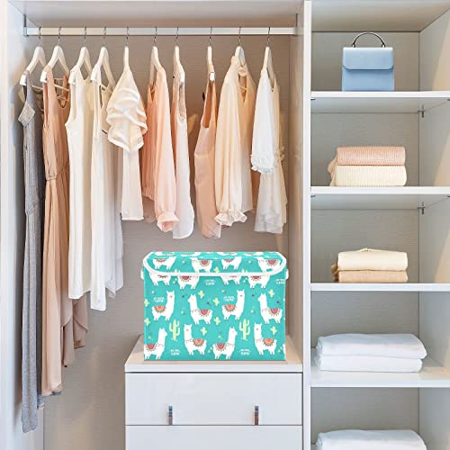 CaTaKu Cute White Llama Storage Bins with Lids Fabric Large Storage Container Cube Basket with Handle Decorative Storage Boxes for Organizing Clothes Shelves