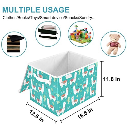 CaTaKu Cute White Llama Storage Bins with Lids Fabric Large Storage Container Cube Basket with Handle Decorative Storage Boxes for Organizing Clothes Shelves