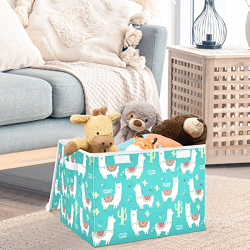 CaTaKu Cute White Llama Storage Bins with Lids Fabric Large Storage Container Cube Basket with Handle Decorative Storage Boxes for Organizing Clothes Shelves