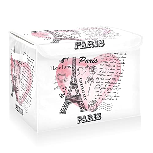 CaTaKu I Love Paris Storage Bins with Lids and Handles, Fabric Large Storage Container Cube Basket with Lid Decorative Storage Boxes for Organizing Clothes