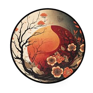 vnurnrn round area rug (oriental moon floral), non slip indoor throw area rug washable circle carpet floor mat for living room, door entryway, bedroom, sofa, 3 ft