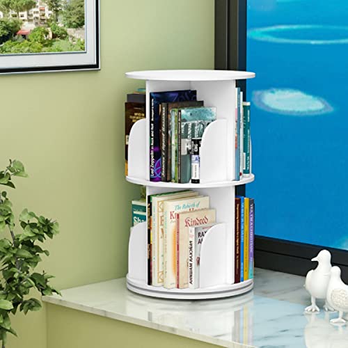 Gdrasuya10 2 Tier Rotating Bookshelf Small Bookshelf for Bedroom, Stacking Bookcase with Storage Shelf White Storage Display Rack Floor Standing Bookshelf