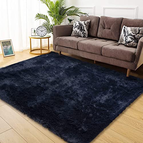 Zacoo Large Modern Shag Rugs for Living Room, Fluffy Soft Area Rug Plush Carpet for Bedroom, Indoor Luxury Fuzzy Rug for Girls Kids Room Decor, Non Shedding Faux Fur Rugs, Navy Blue, 6' x 9'