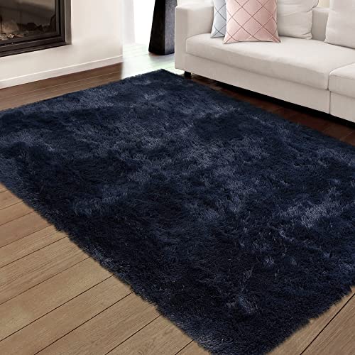 Zacoo Large Modern Shag Rugs for Living Room, Fluffy Soft Area Rug Plush Carpet for Bedroom, Indoor Luxury Fuzzy Rug for Girls Kids Room Decor, Non Shedding Faux Fur Rugs, Navy Blue, 6' x 9'