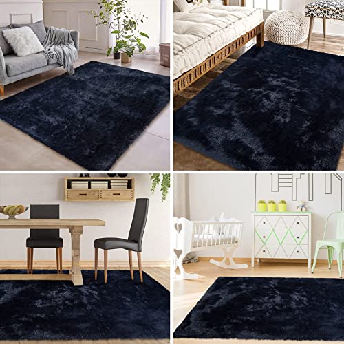 Zacoo Large Modern Shag Rugs for Living Room, Fluffy Soft Area Rug Plush Carpet for Bedroom, Indoor Luxury Fuzzy Rug for Girls Kids Room Decor, Non Shedding Faux Fur Rugs, Navy Blue, 6' x 9'