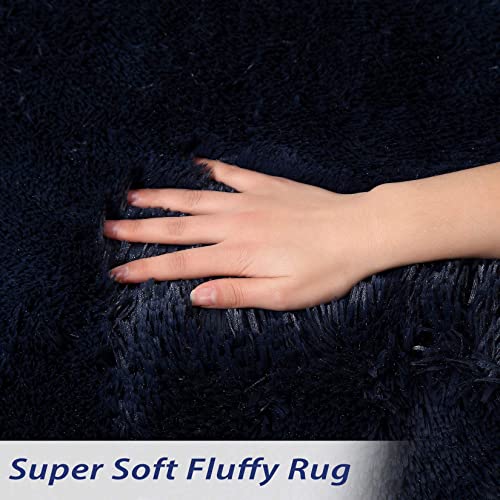 Zacoo Large Modern Shag Rugs for Living Room, Fluffy Soft Area Rug Plush Carpet for Bedroom, Indoor Luxury Fuzzy Rug for Girls Kids Room Decor, Non Shedding Faux Fur Rugs, Navy Blue, 6' x 9'