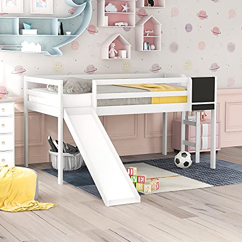 MWrouqfur Twin Over Twin Metal Bunk Bed, Low Bunk Bed with Safety Ladder and Children's Slide for Kids Teenagers, Saving Space, Easy Installation(White)