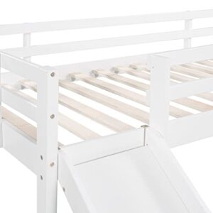 MWrouqfur Twin Over Twin Metal Bunk Bed, Low Bunk Bed with Safety Ladder and Children's Slide for Kids Teenagers, Saving Space, Easy Installation(White)