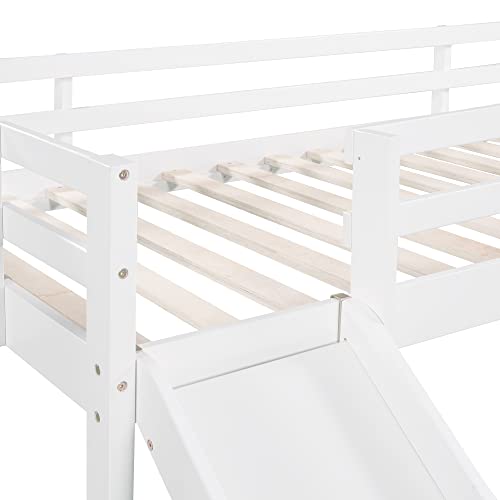 MWrouqfur Twin Over Twin Metal Bunk Bed, Low Bunk Bed with Safety Ladder and Children's Slide for Kids Teenagers, Saving Space, Easy Installation(White)