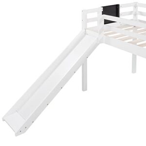 MWrouqfur Twin Over Twin Metal Bunk Bed, Low Bunk Bed with Safety Ladder and Children's Slide for Kids Teenagers, Saving Space, Easy Installation(White)