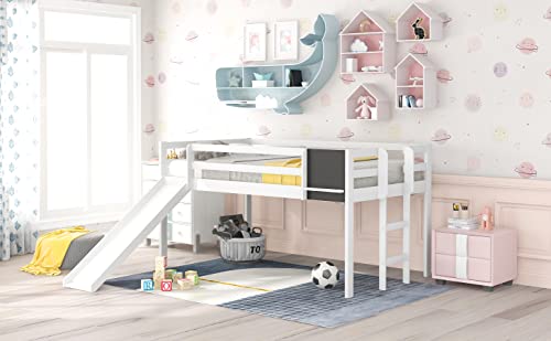 MWrouqfur Twin Over Twin Metal Bunk Bed, Low Bunk Bed with Safety Ladder and Children's Slide for Kids Teenagers, Saving Space, Easy Installation(White)