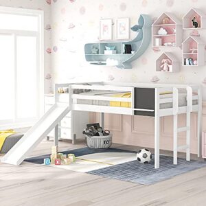 MWrouqfur Twin Over Twin Metal Bunk Bed, Low Bunk Bed with Safety Ladder and Children's Slide for Kids Teenagers, Saving Space, Easy Installation(White)