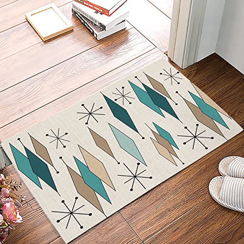 Door Mat Retro Mid-Century Geometry Teal Turquoise Beige Diamond Pattern Non-Slip Entryway Rug,Washable Doormats Inside Floor Mat for Entryway Bathroom Bedroom Living Room,16x24in