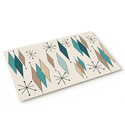 Door Mat Retro Mid-Century Geometry Teal Turquoise Beige Diamond Pattern Non-Slip Entryway Rug,Washable Doormats Inside Floor Mat for Entryway Bathroom Bedroom Living Room,16x24in