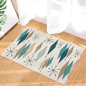 Door Mat Retro Mid-Century Geometry Teal Turquoise Beige Diamond Pattern Non-Slip Entryway Rug,Washable Doormats Inside Floor Mat for Entryway Bathroom Bedroom Living Room,16x24in