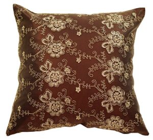 violet linen swiss vintage flowers pattern silky polyester lace embroidered, decorative accent throw pillow, 18" x 18", brown