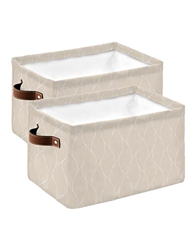 Storage Baskets for Organizing, Toy Box Chest Long Wavy Pattern on Brown Texture Foldable Cube Storage Bin with 2 Leather Handles Set of 2