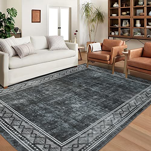 Zacoo Rug, 8x10 Modern Bordered Area Rug for Living Room Indoor Non Skid Rubber Backed Area Rugs Soft Low Pile Bedroom Rug Foldable Throw Carpet Machine Washable Floor Cover Office Accent Rug, Grey