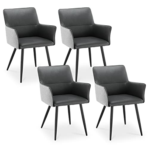 CLIPOP Modern Dining Chairs Set of 4, Faux Leather & Linen Fabric Upholstered Dining Chairs Accent Arm Chairs with Metal Legs, Side Chairs for Guest Living Dining Room Kitchen, Dark Grey