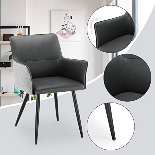 CLIPOP Modern Dining Chairs Set of 4, Faux Leather & Linen Fabric Upholstered Dining Chairs Accent Arm Chairs with Metal Legs, Side Chairs for Guest Living Dining Room Kitchen, Dark Grey