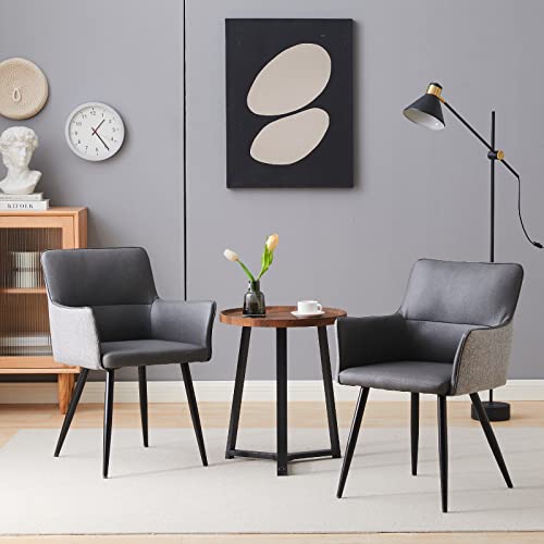 CLIPOP Modern Dining Chairs Set of 4, Faux Leather & Linen Fabric Upholstered Dining Chairs Accent Arm Chairs with Metal Legs, Side Chairs for Guest Living Dining Room Kitchen, Dark Grey