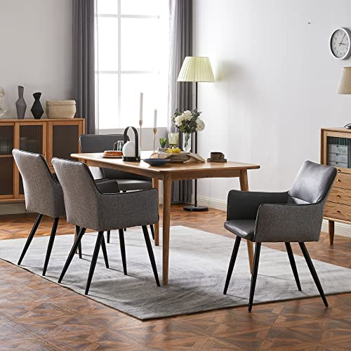 CLIPOP Modern Dining Chairs Set of 4, Faux Leather & Linen Fabric Upholstered Dining Chairs Accent Arm Chairs with Metal Legs, Side Chairs for Guest Living Dining Room Kitchen, Dark Grey