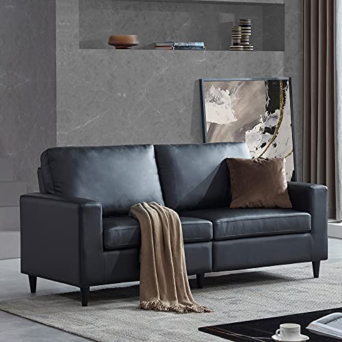 HYC Mid-Century Leather Living Room, Modern Style Upholstered 3-Seater Sofa Couch for Home or Office, Black PU